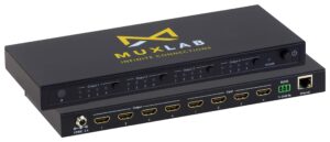 muxlab 4x4 hdmi 2.0 4k 60hz matrix switcher | ir remote | supports 4k@60hz | 4:4:4 | hdr | 4 in 4 out | no driver | control with ir remote | rs232 | tcp/ip & push button | switcher and splitter