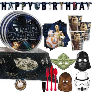 classic star wars birthday party supplies for 16 with star wars plates, napkins, cups, birthday banner, cutlery, masks, tablecover and star wars inspired pin by another dream