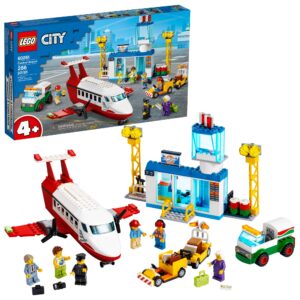 lego city central airport 60261 building toy, with passenger charter plane, airport building, fuel tanker, baggage truck, cargo and 6 minifigures, great gift for kids (286 pieces)