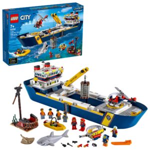 lego city ocean exploration ship 60266, toy exploration vessel, mini helicopter, submarine, shipwreck with treasure, lifeboat, stingray, shark, plus 8 minifigures (745 pieces)