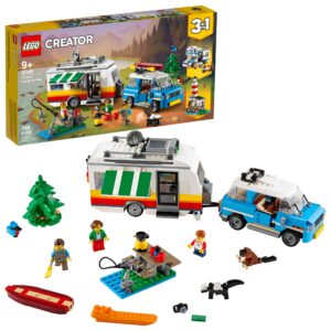 lego creator 3in1 caravan family holiday 31108 vacation toy building kit for kids who love creative play and camping adventure playsets with cute animal figures (766 pieces)