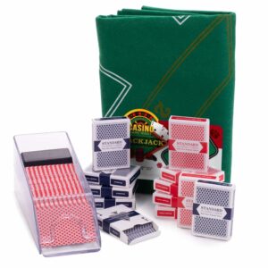 blackjack essentials set – includes green blackjack tabletop felt mat, blackjack dealer shoe + discard tray & 12 decks of playing cards – casino card game pack for gambling games & family game night