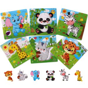 nashrio wooden puzzles for toddlers 2-5 years old(set of 6), 9 pieces preschool educational and learning animal jigsaw puzzle toy gift set for boys and girls