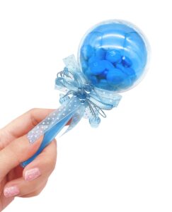 48 pieces fillable baby rattle party favors, blue with decorative bear & ribbon