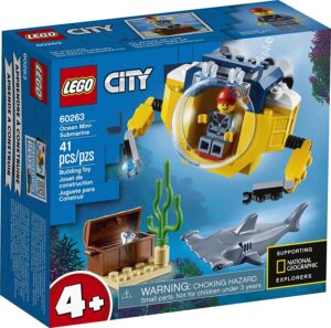 lego city ocean mini-submarine 60263, underwater playset, featuring a toy submarine, pirate treasure chest, hammerhead shark figure and a pilot minifigure, great gift for kids (41 pieces)