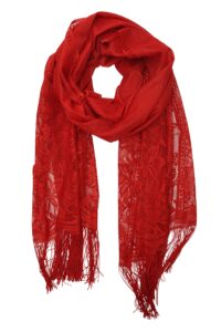 your smile ladies/women's lightweight solid color fringe lace tassels long shawl scarf for spring summer fall (red)