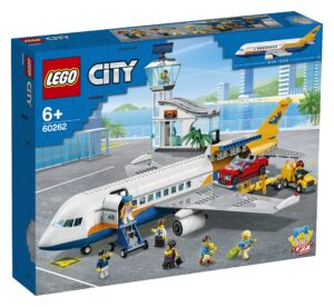 lego city passenger airplane 60262, with radar tower, airport truck with a car elevator, red convertible, 4 passenger and 4 airport staff minifigures, plus a baby figure (669 pieces)