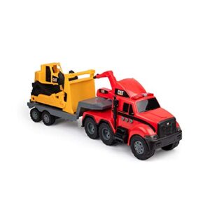 cat construction toys, heavy movers, semi firetruck and trailer with bulldozer, lights & sounds, ages 3 and up