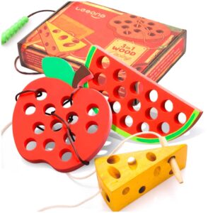 lacing toy for toddlers, fine motor skill toys for 3 year old, educational learning montessori activity for baby kids, car plane travel games, wooden threading toys 1 apple,1 watermelon, 1 cheese.