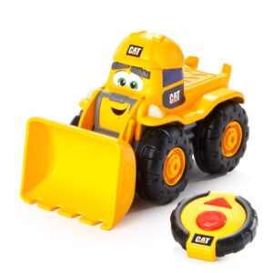 cat construction toys, rc remote control loader truck - 10.5 inch length, child friendly controller, stowable controller, working headlights - batteries included!