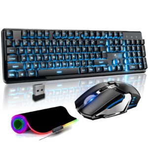 felicon rechargeable wireless gaming keyboard and mouse combo & lager mouse pad kit ice blue backlit mechanical feel 104 keys full keybaord, queit, waterproof for computer pc mac