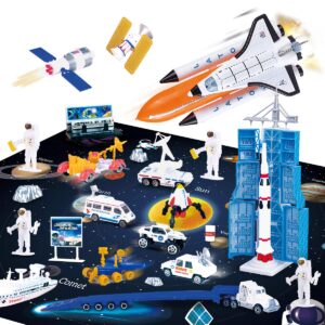 remoking space adventure toy playset, educational aerospace toy series with space playmat, learning die-cast space shuttle, artificial satellite,explorer,great gifts for kids 3 years and up