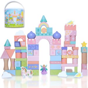 cheetoys large wooden blocks set 80pcs - girls fairytale kingdom castle with unicorn and fairy, colored wooden building blocks for kids and toddlers montessori toys for ages 3-8