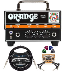 orange amps micro dark 20w tube hybrid amplifier head for electric guitars bundle with blucoil 10' straight instrument cable (1/4"), 2-pack of pedal patch cables, and 4-pack of celluloid guitar picks