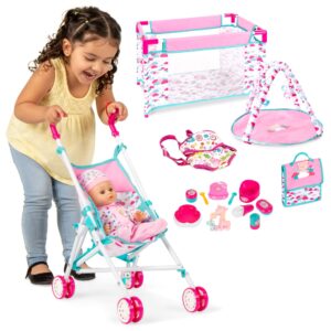 best choice products kids 15-piece 13.5in newborn baby doll nursery role play playset w/stroller, travel cot, play mat, travel bag, carrier, seat, accessories