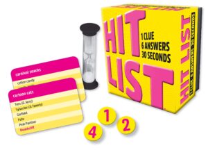 gamewright - hit list - 1 clue, 6 answers, 30 seconds, yellow