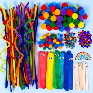 horizon group usa rainbow arts & crafts supplies, 400+ piece kit with fuzzy sticks, poms, sequins, gems, & wiggly eyes, all-in-one craft box, arts & crafts for kids, diy craft supplies, kids art set