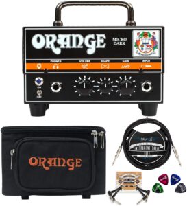 orange amps micro dark 20w tube hybrid amplifier head for electric guitars bundle with vinyl travel bag, blucoil 10' straight instrument cable (1/4"), 2-pack of pedal patch cables, and 4x guitar picks