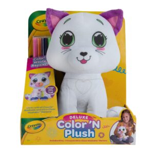 crayola deluxe color ‘n plush kitty, 10” stuffed animal - draw, wash, reuse – with 2 ultra-clean washable fine line markers, 1 broad line marker, 1 washable stamp marker