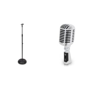 pyle classic retro dynamic vocal microphone - old vintage style unidirectional cardioid mic, xlr cable w/universal microphone stand, mic mount w/heavy compact base, & 2.8'-5' ft. height adjustable