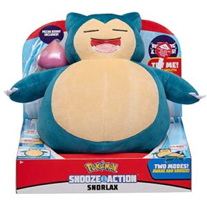 pokemon snooze action snorlax plush, 10-inch plush toy - features over 20 authentic snorlax sounds, with 2 modes of play: asleep & awake, plus vibrating belly - eats pecha berry (included)