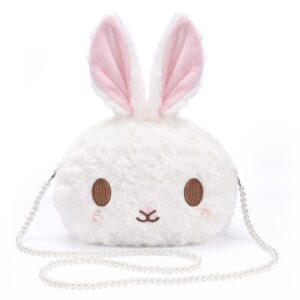 kawaii bunny crossbody bag,cartoon plush rabbit wallets,cute lolita handbag for women, lovely fluffy animal purse (pearl chain) white