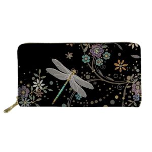 giftpuzz dragonfly design black wallets for women girls rfid blocking clutch party bag travel shopping purse pu leather card,cash,coin holder zip around wallet money clips