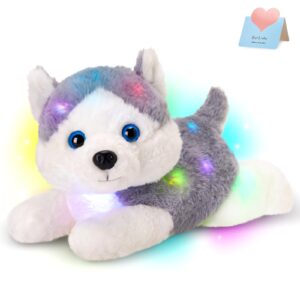 houwsbaby 13'' gray light up husky stuffed animal dog soft plush night light puppy toy hugging pillow companion holiday christmas birthday present for kids boys girls toddlers