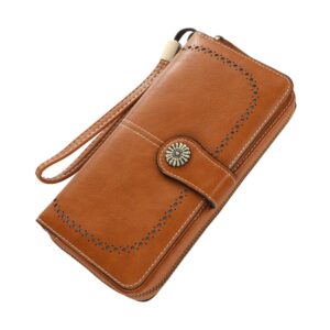 women's rfid blocking large capacity leather clutch card holder organizer ladies wallet long wallets for women with wristle (brown)