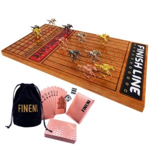 fineni horse racing game for adults, horse race board game with 11 luxurious metal horses (gold, silver, black, rose gold), 22” cherry wood horse race game board, dice & rosegoldcard included (cherry)