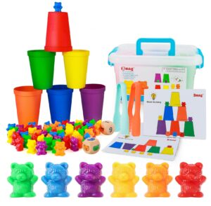 bmag counting bears with matching sorting cups,pre-school math learning games with 2 dices,color recognition stem educational toy for toddler bonus tweezers, storage box, activity cards