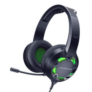 phenom expo3 stereo gaming headset for ps4, xbox, tablet or smartphone, noise cancelling headphones with boom mic and led glow lights (green)