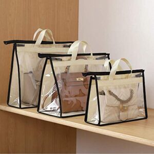 chris.w set of 3 dustproof handbags storage bag closet space saving organizer pvc transparent purse cover holder with zipper and handle, large/medium/small (beige)