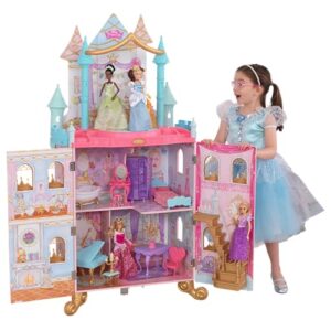 kidkraft disney princess dance & dream wooden dollhouse, over 4-feet tall, includes sounds, spinning dance floor and 20 play pieces, gift for ages 3