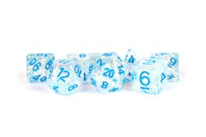 16mm resin flash dice poly dice set: clear with light blue numbers