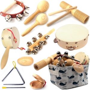 tuoveek wooden musical instruments set,percussion instrument kit for kids baby,rhythm device for preschool education,family band include maracas,tambourine,castanet,steel triangle,cloth basket