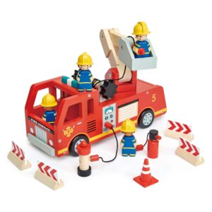 tender leaf toys - fire engine - wooden fire truck toy with firefighters and accessories - story telling, pretend play and imaginative play for age 3+