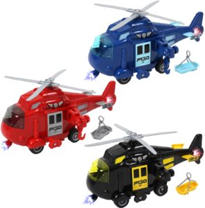 helicopter toys for boys [3 pack] | kids rescue play set friction powered with realistic lights & sounds | includes police, fire & rescue team