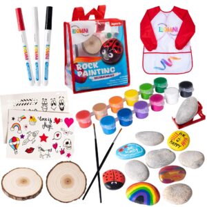 rock painting kit for kids | arts & craft kits for girls & boys with 10 assorted river rocks, acrylic paints, paintbrushes, art smock, paint markers, stickers & loads more