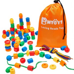 bmtoys lacing beads for kids - 70pcs threading beads occupational therapy toys for kids fine motor skills developmental activity ot toys