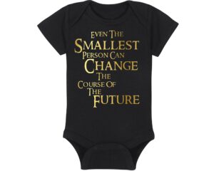 fantasy movie baby onesie - even the smallest person can change the course of the furture (12-18 month - pink fabric - black design)