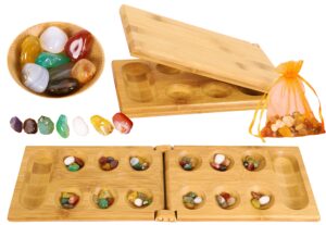 towo mancala board game - kalaha board game with folding wooden board natural stone pebbles -families board games-mancala games strategic game for kids adult