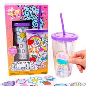 just my style diy sticker tumbler, style & embellish your own bpa free vsco glitter water tumbler, reusable stickers included, great back to school gift, birthday gift for girls ages 6, 7, 8, 9, 10