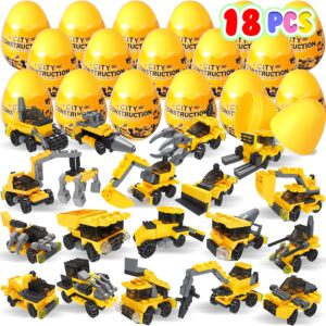 kiddokids 18 pcs filled easter eggs with construction vehicles building blocks toys, easter eggs prefilled for easter theme easter eggs hunt, basket stuffers fillers (3.15inch)