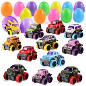 joyin 12 pcs easter eggs filled with pull back monster cars, easter egg prefilled with trucks for kids ​easter egg hunt, basket stuffers filler and classroom prize supplies