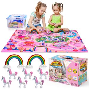 yoya toys unicorn playmat - pretend play set for kids - 8 pcs unicorns and rainbows figures - educational imaginative activity rug toy - floor mat playset gift for girls 3 4 5 6 7 8 year old toddlers