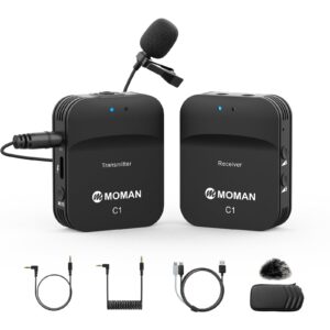 moman wireless lavalier microphone, 2.4ghz compact wireless lapel mic system with noise cancellation transmission 8h battery life for dslr cameras/smartphone/tablet/live streaming (c1 solo)