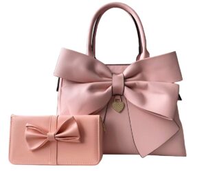 rullar women 2pcs handbag set bow-knot satchel top-handle crossbody bag tote wallet purse with heart pendant pink