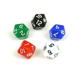 set of five rhombic dodecahedron d12 12-sided dice in five colors