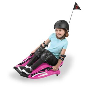 rollplay nighthawk electric ride on toy for ages 6 & up with 12v 7ah rechargeable battery, side handlebars for steering, tall rear safety flag, and a top speed of 6.5 mph, pink